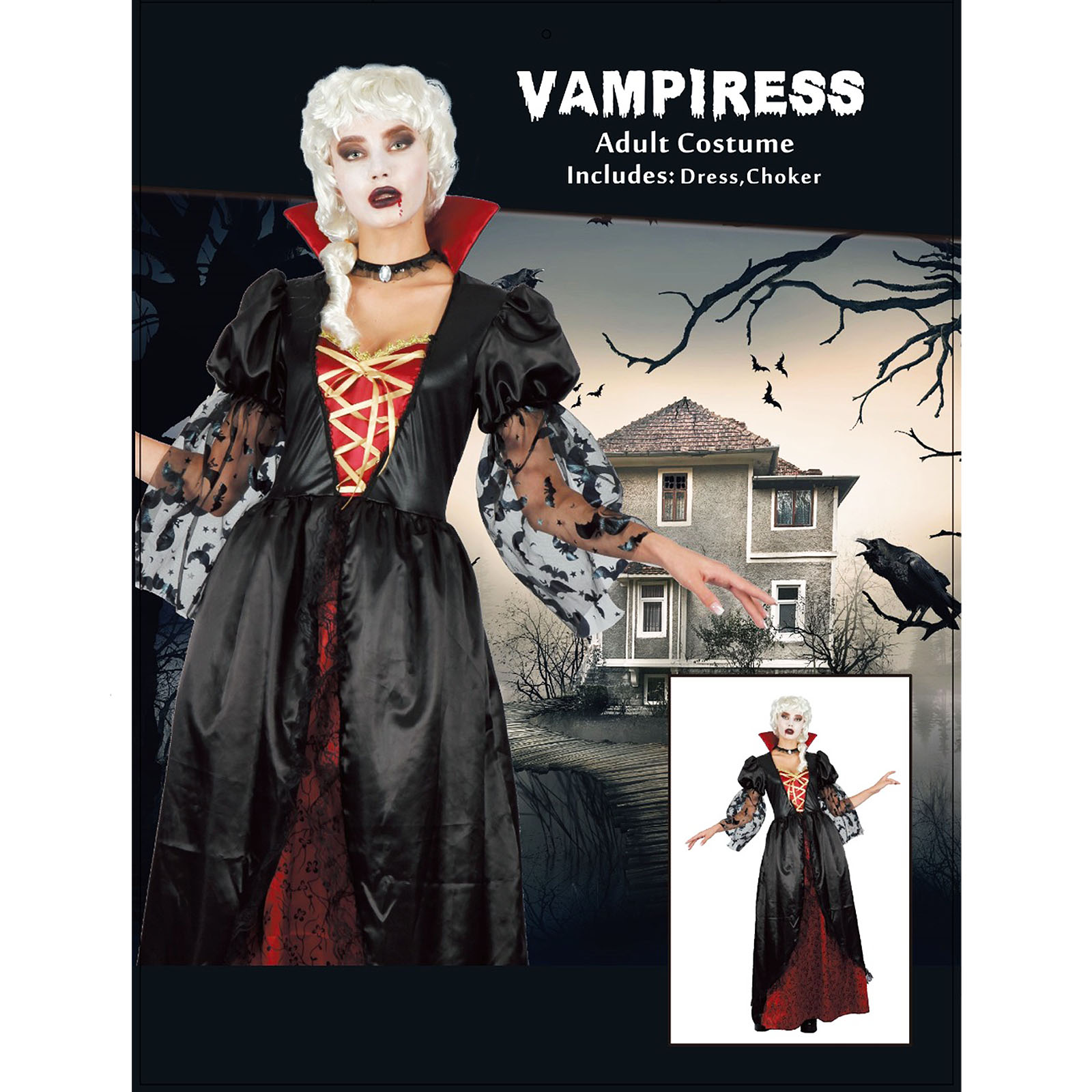 Female Vampire Costume, Adult Free Size – Halloween Costume – Party ...