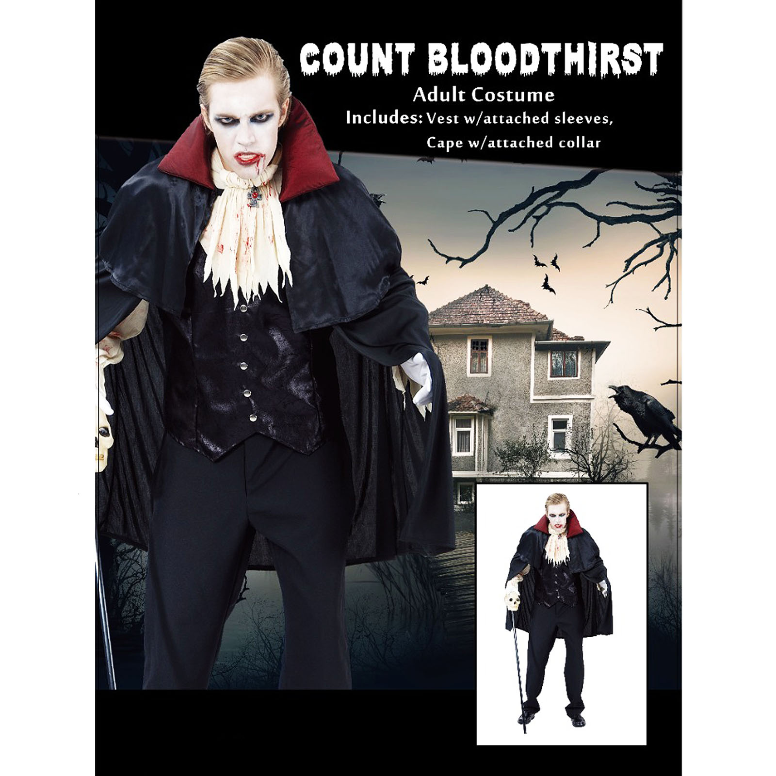 Bloodthirst Male Vampire Costume, Adult Free Size – Halloween Costume ...