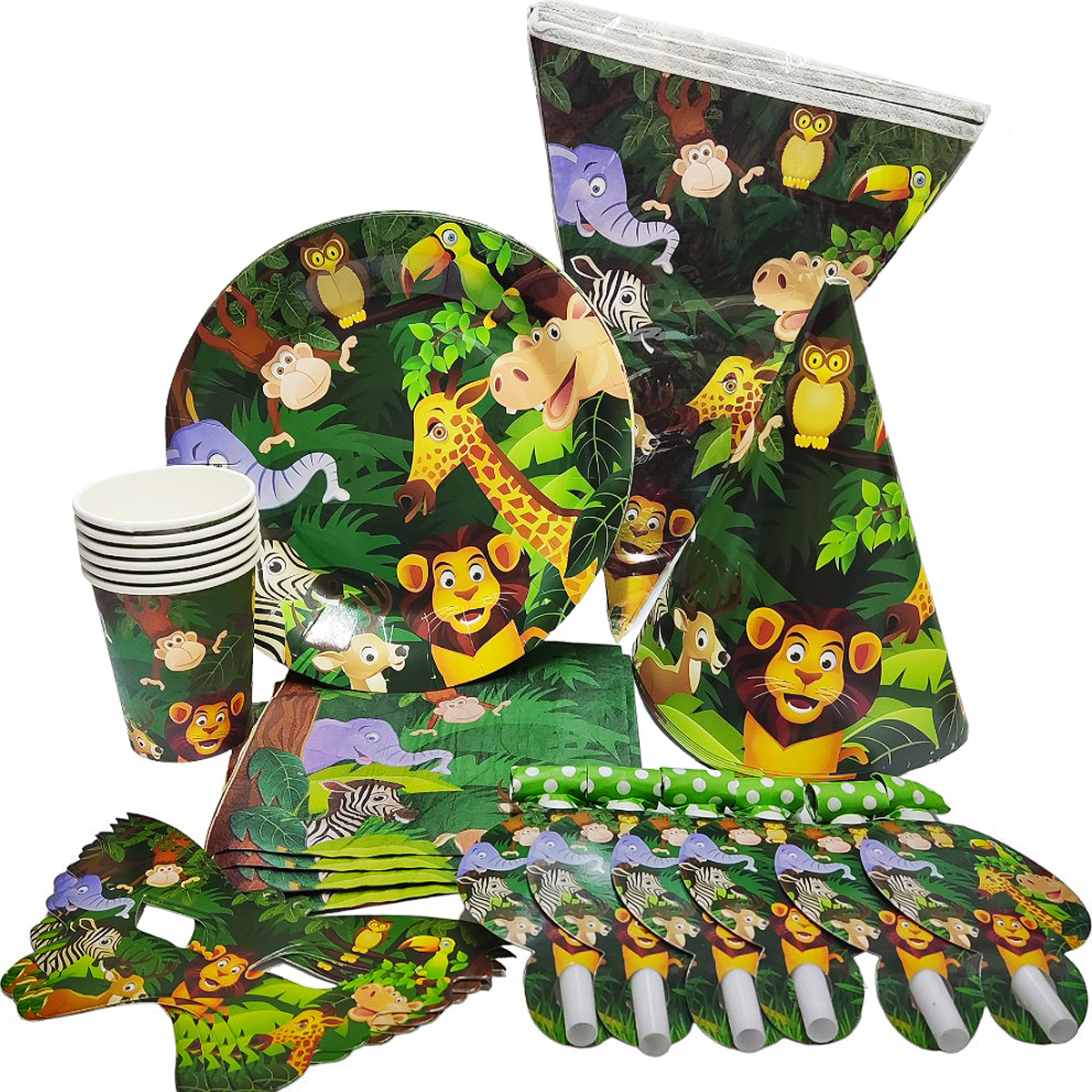 37-Pieces Jungle Safari Party Packs Disposable Tableware Sets, Animals ...