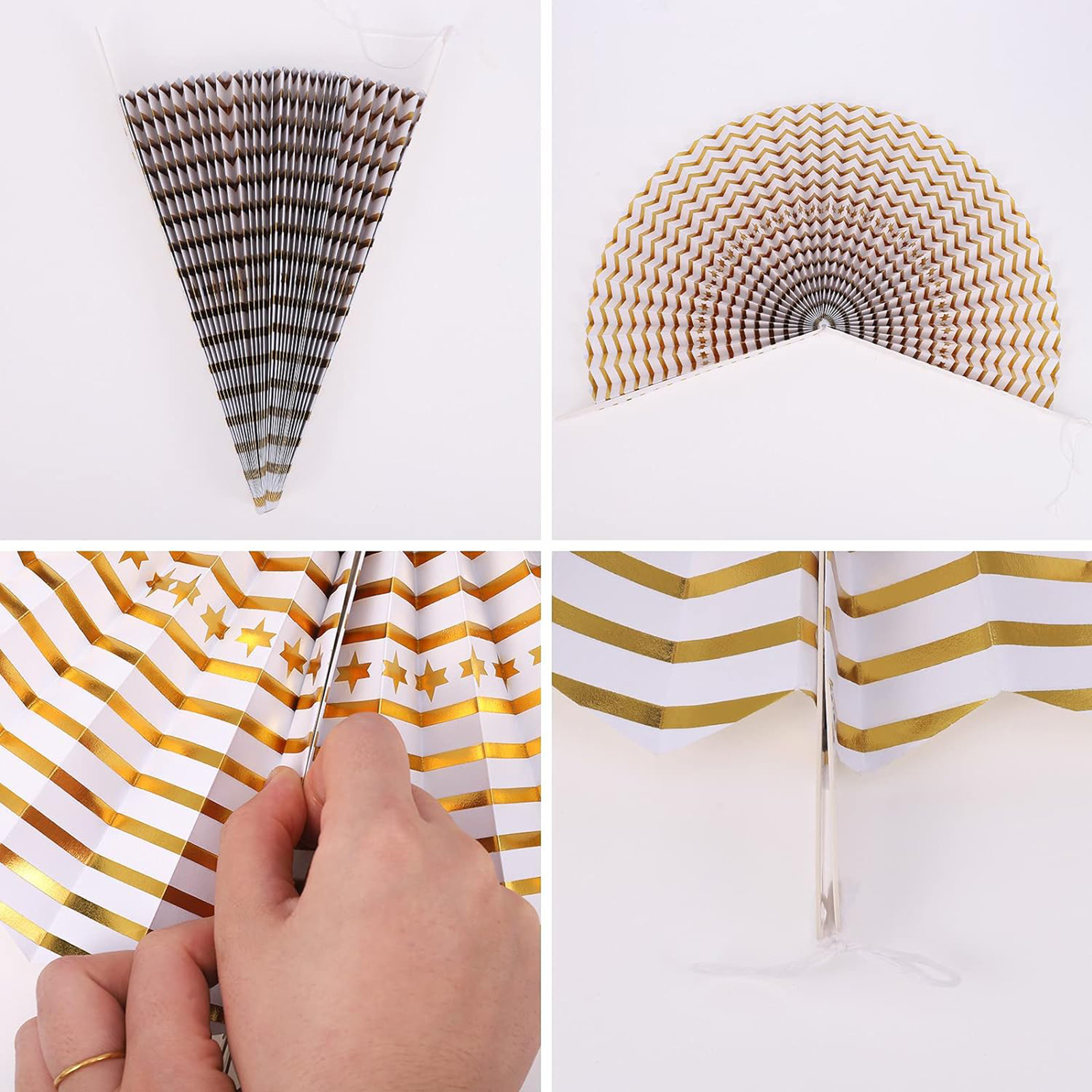 6-Pieces Set of Gold & White Hanging Paper Fans – Party Decoration ...