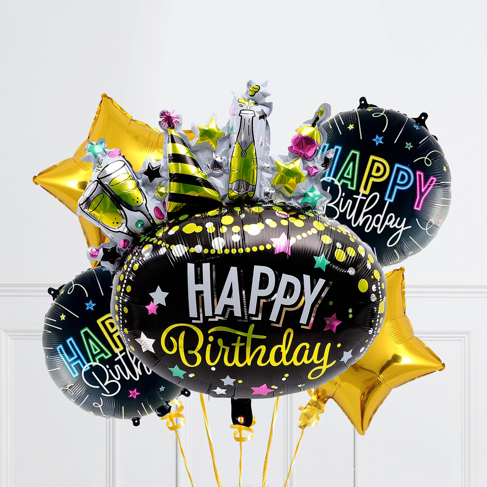 5pcs Black & Gold Happy Birthday Foil Balloons Set – Party Time Dubai