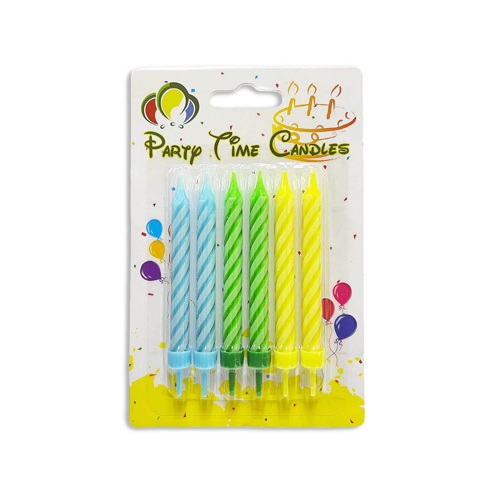 6pcs Spiral Birthday Candles – Blue, Green, and Yellow – Party Time Dubai