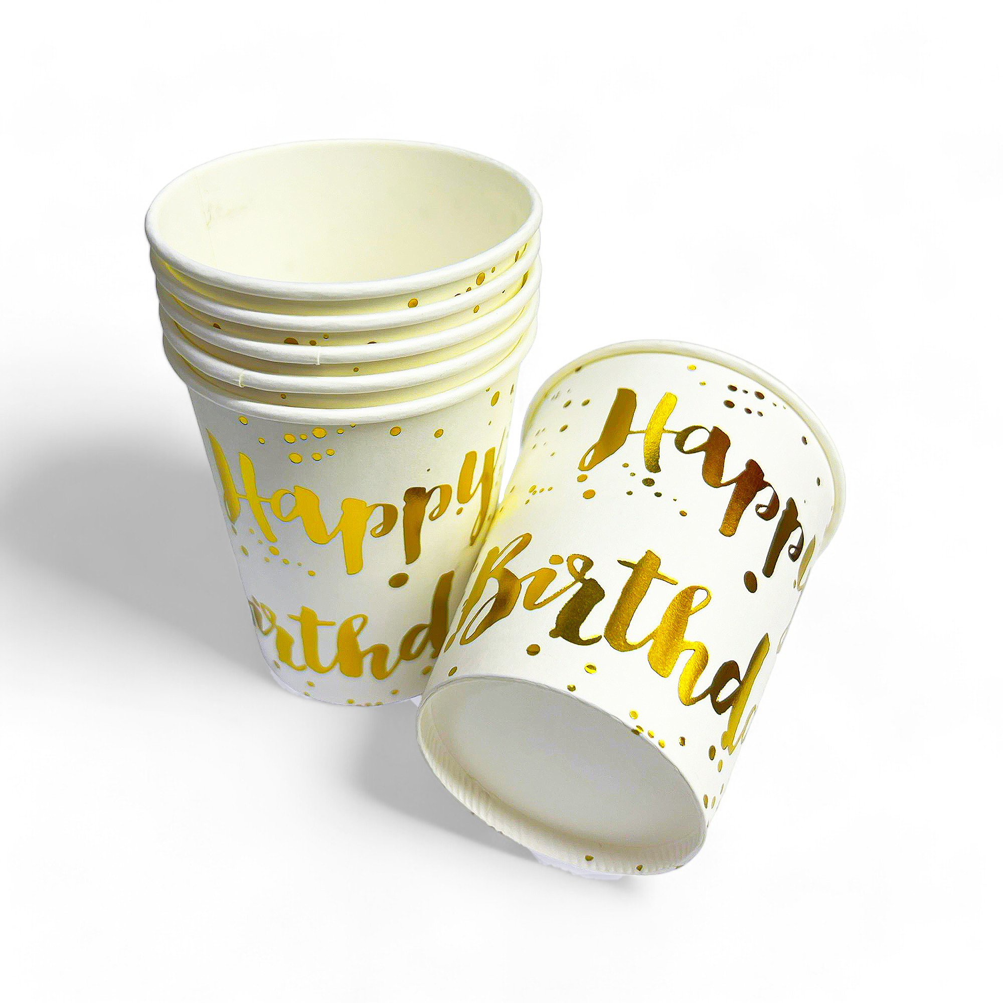6-Pieces 9oz Disposable Happy Birthday Paper Cups, White & Gold – Party ...