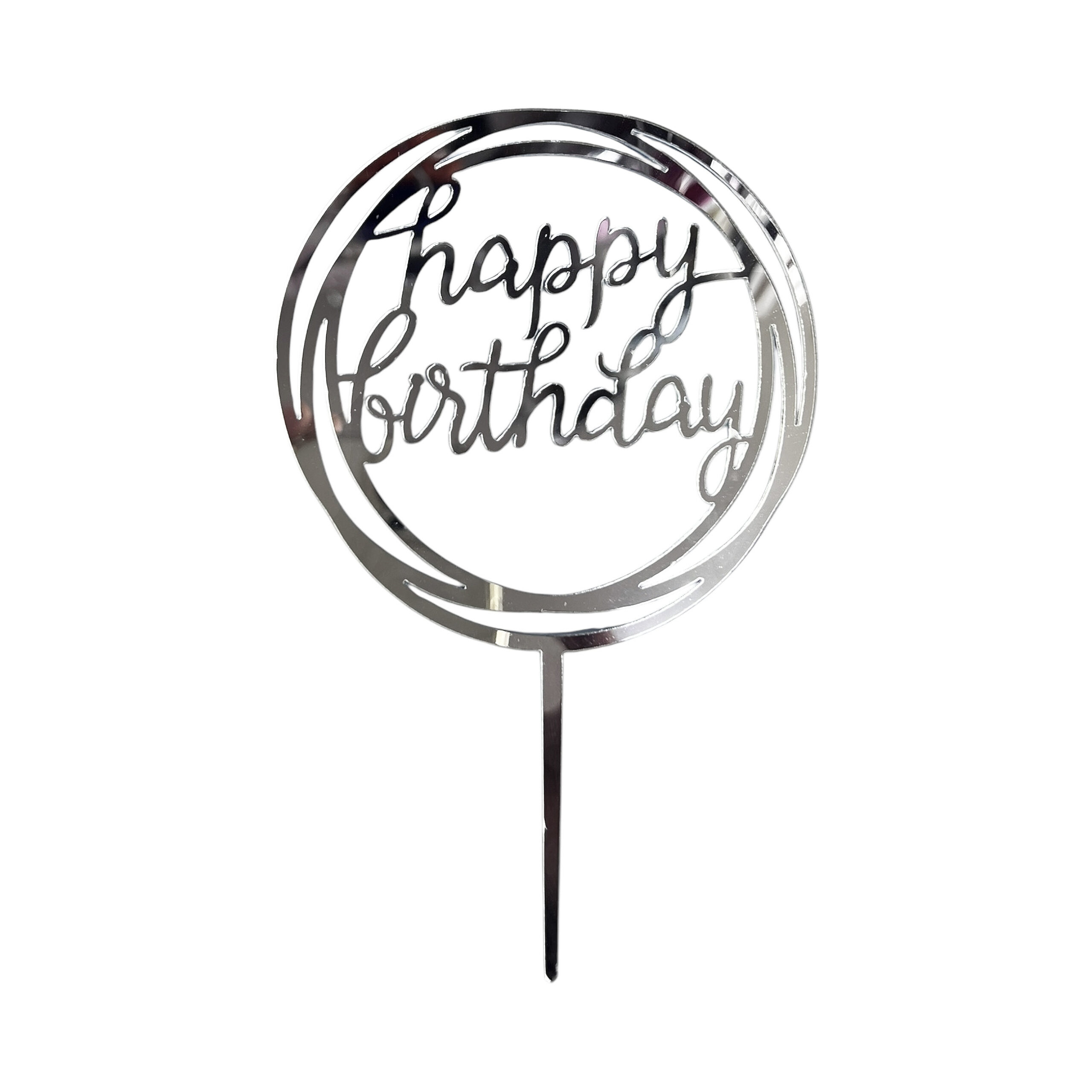 1pc Round Happy Birthday Cake Topper, Silver – Party Time Dubai