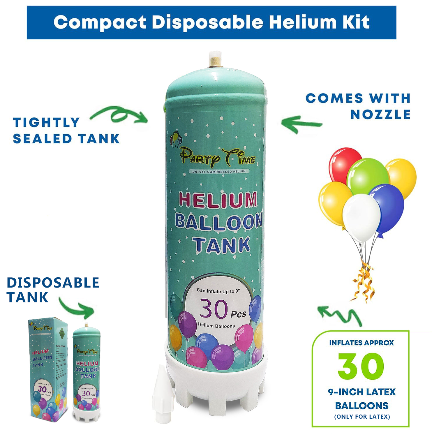Party Time Disposable Helium Tank, 30pcs of 9″ Latex Balloons – Party ...